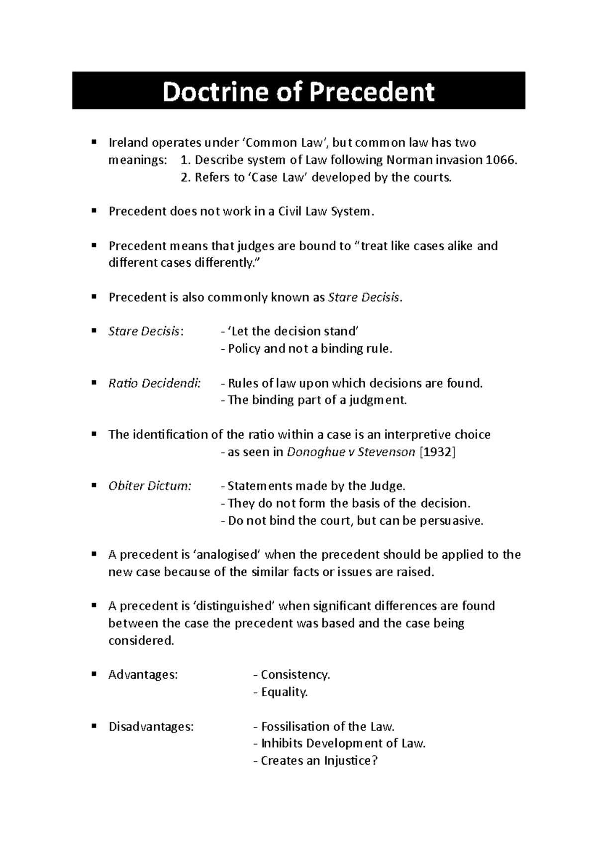 Precedent Exam Notes - Doctrine of Precedent Ireland operates under ...