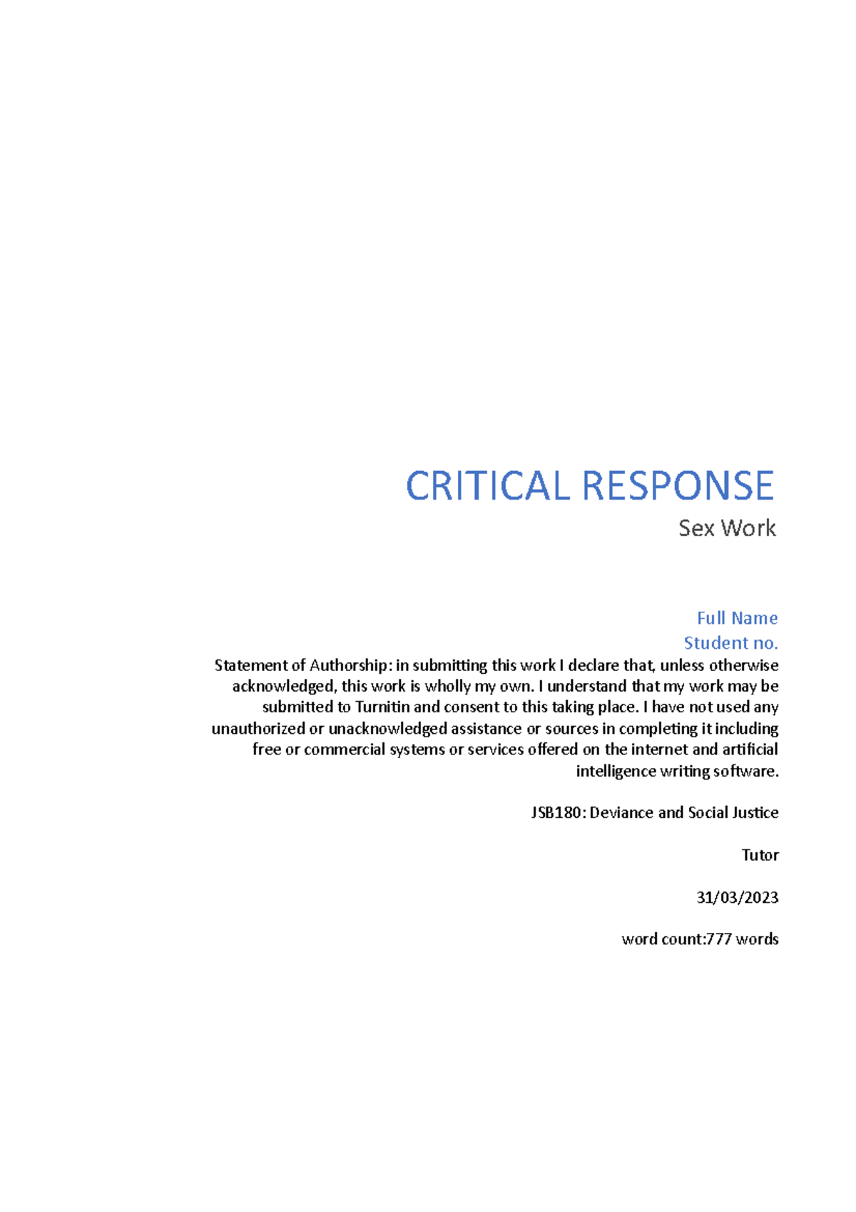 Critical Response JSB180 - CRITICAL RESPONSE Sex Work Full Name Student ...