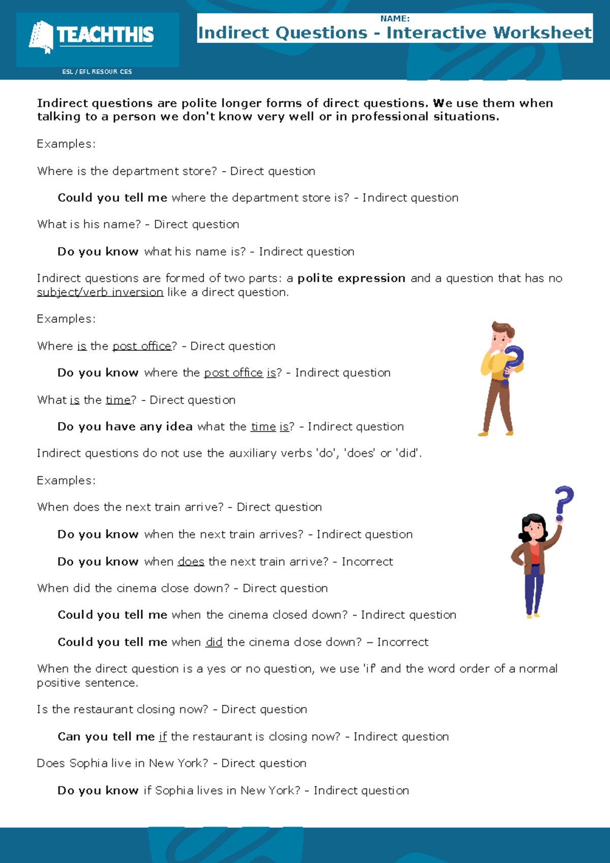 1.5 Indirect Questions - Teach-This © 2020 Permission granted to ...