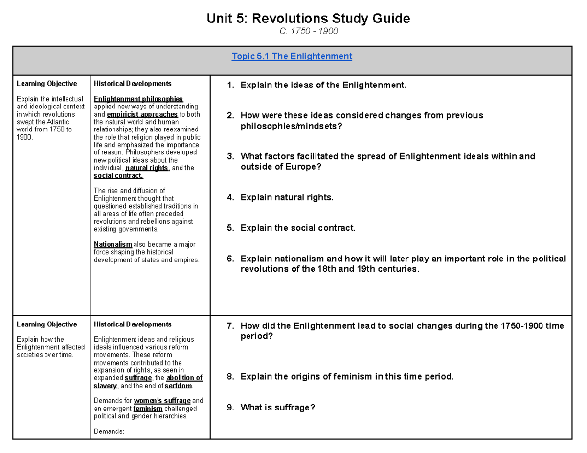 U5p - Unit 5: Revolutions Study Guide C. 1750 - 1900 Topic 5 The ...