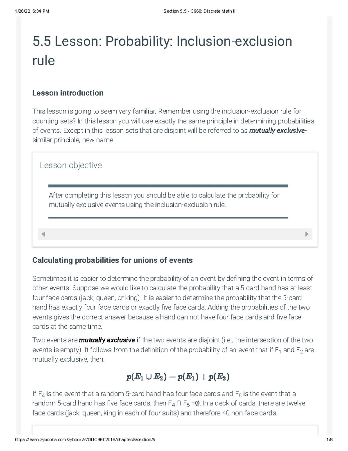 Section 5.5 - C960 Discrete Math II - 5 Lesson: Probability: Inclusion-exclusion rule Lesson ...