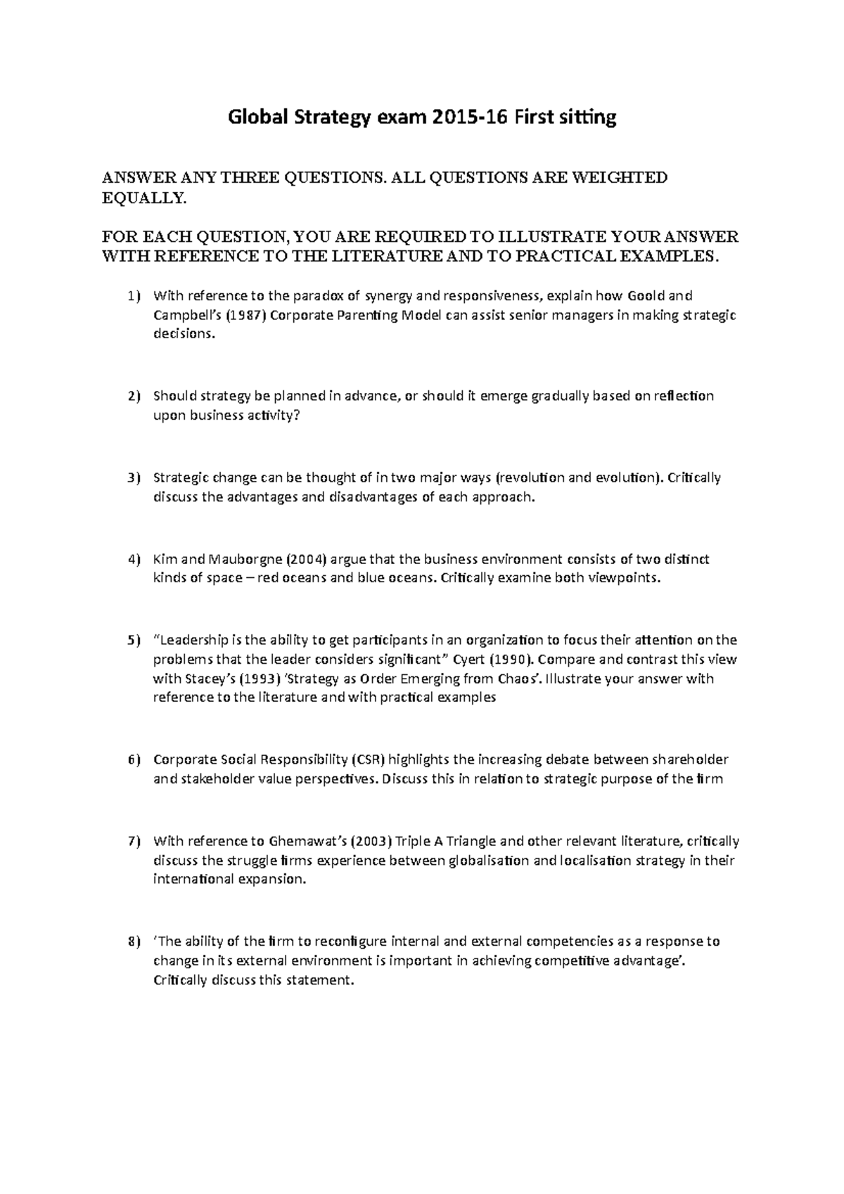 Sample/practice exam 2016, questions - Global Strategy exam 2015-16 ...