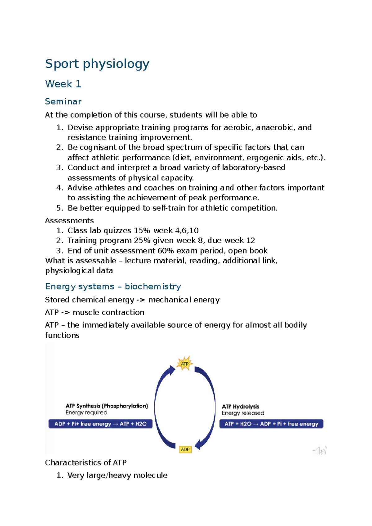 Sport Physiology Lecture Notes Sport Physiology Week 1 Seminar At The Completion Of This