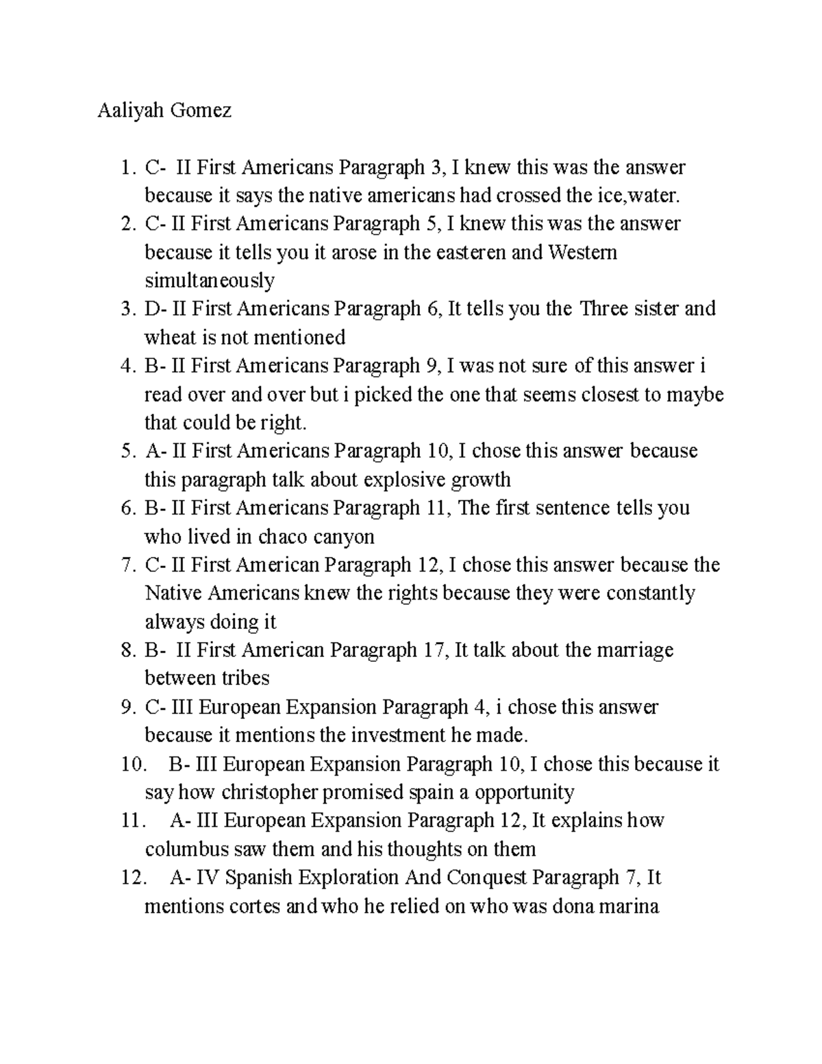 Chapter 1 Questions - Aaliyah Gomez C- II First Americans Paragraph 3 ...