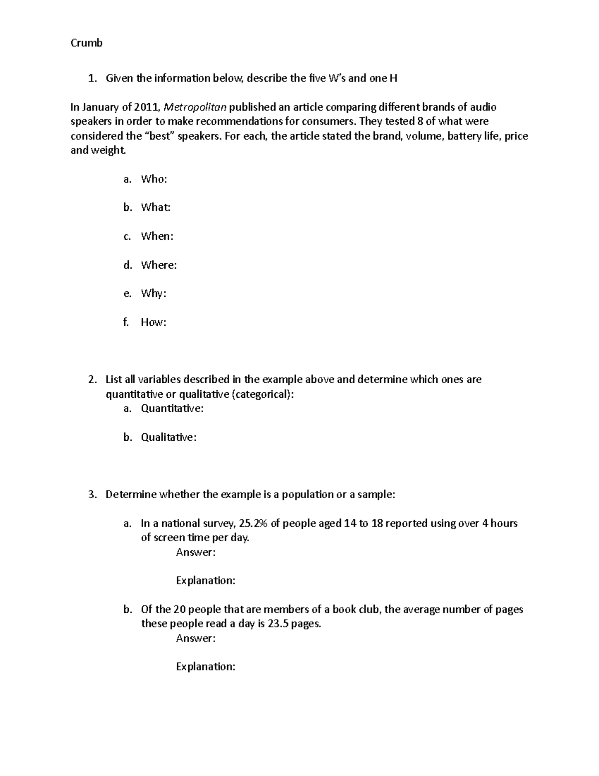 Statistics Chapter 1 Practice Problems - Crumb Given the information ...