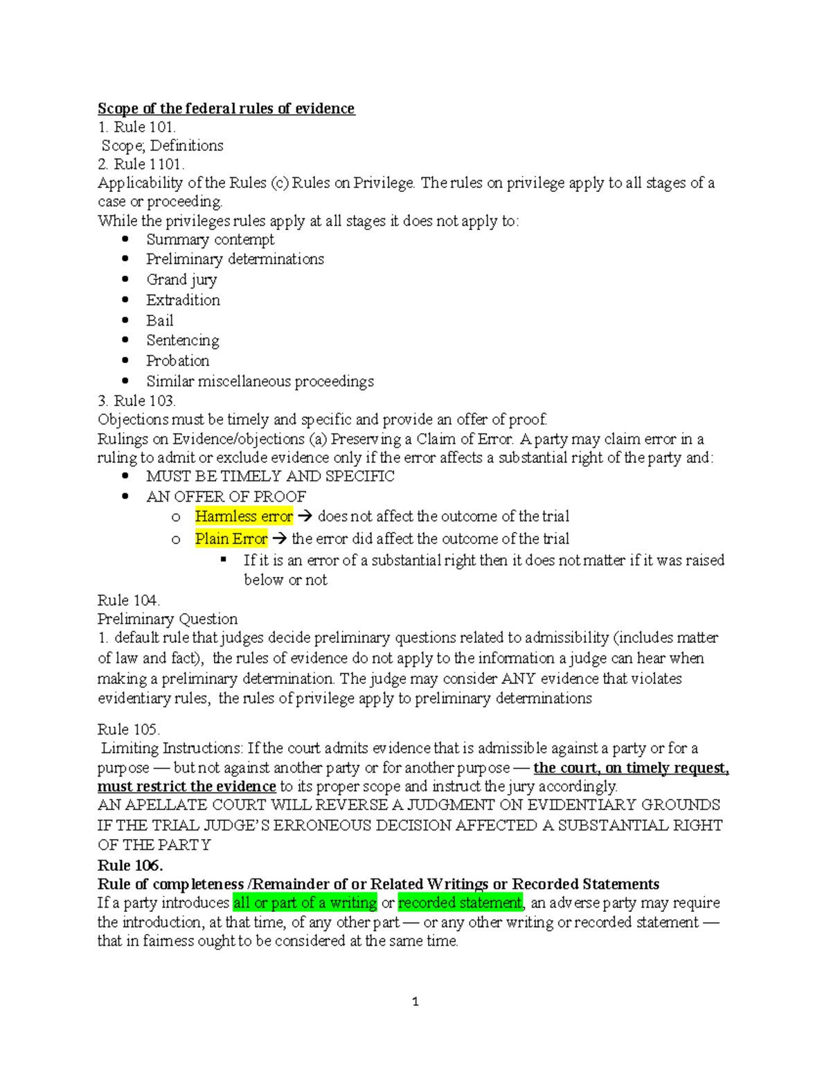 Break Down of Rules - evidence notes - Scope of the federal rules of ...