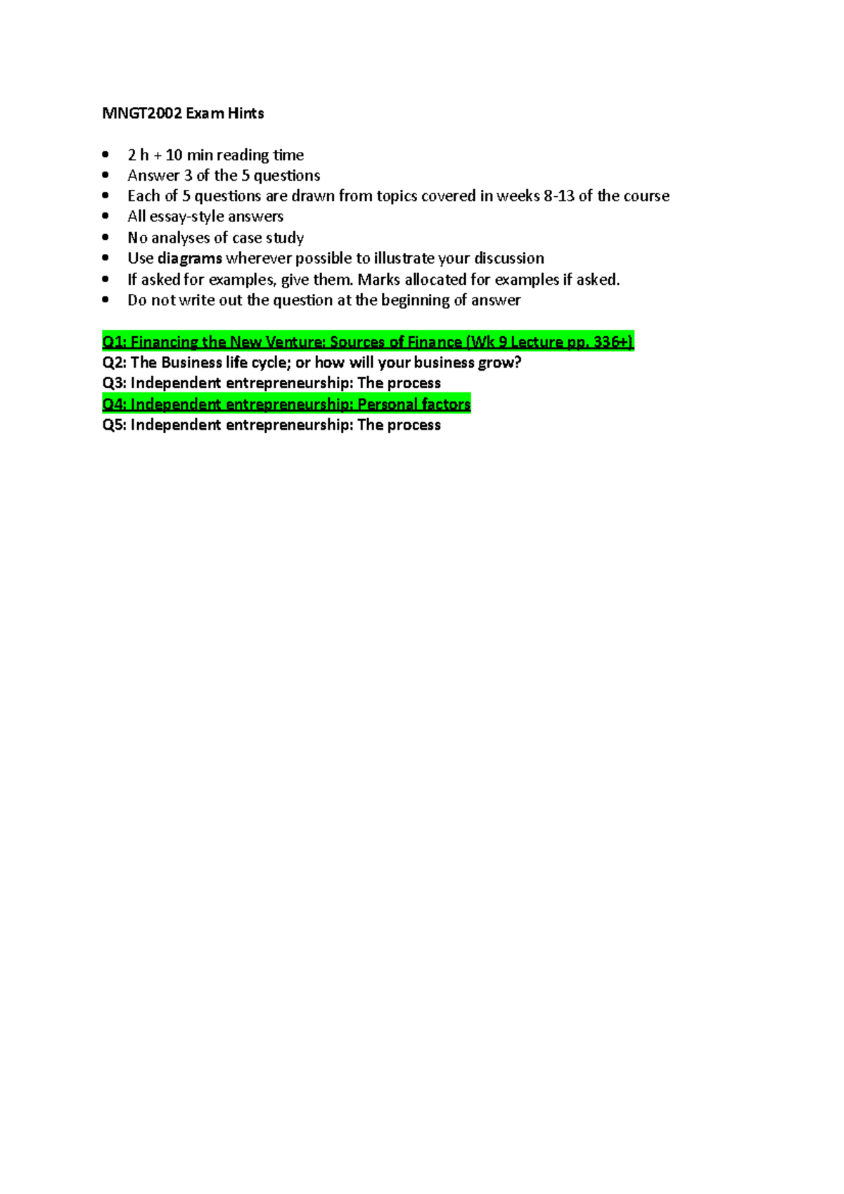 MNGT2002 Exam Hints - Marks allocated for examples if asked. Do not ...