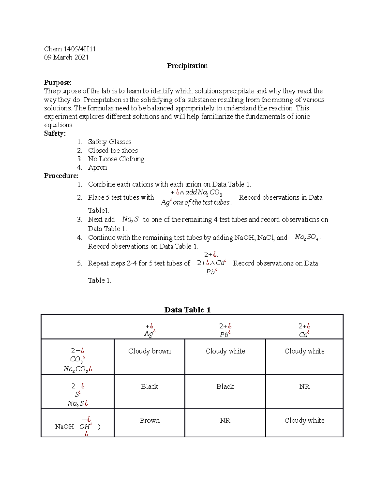 Precipitation Lab - Chem 1405/4H 09 March 2021 Precipitation Purpose ...