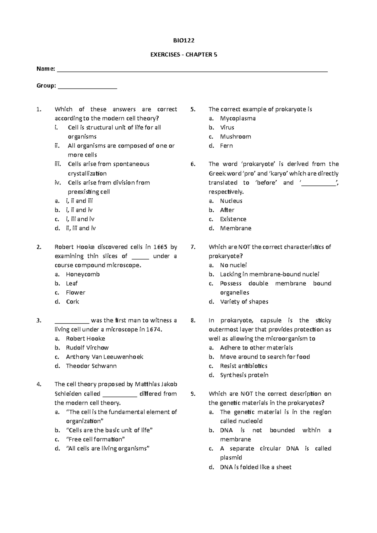 Chap 5 exercises BIO122 - BIO EXERCISES - CHAPTER 5 Name: - Studocu