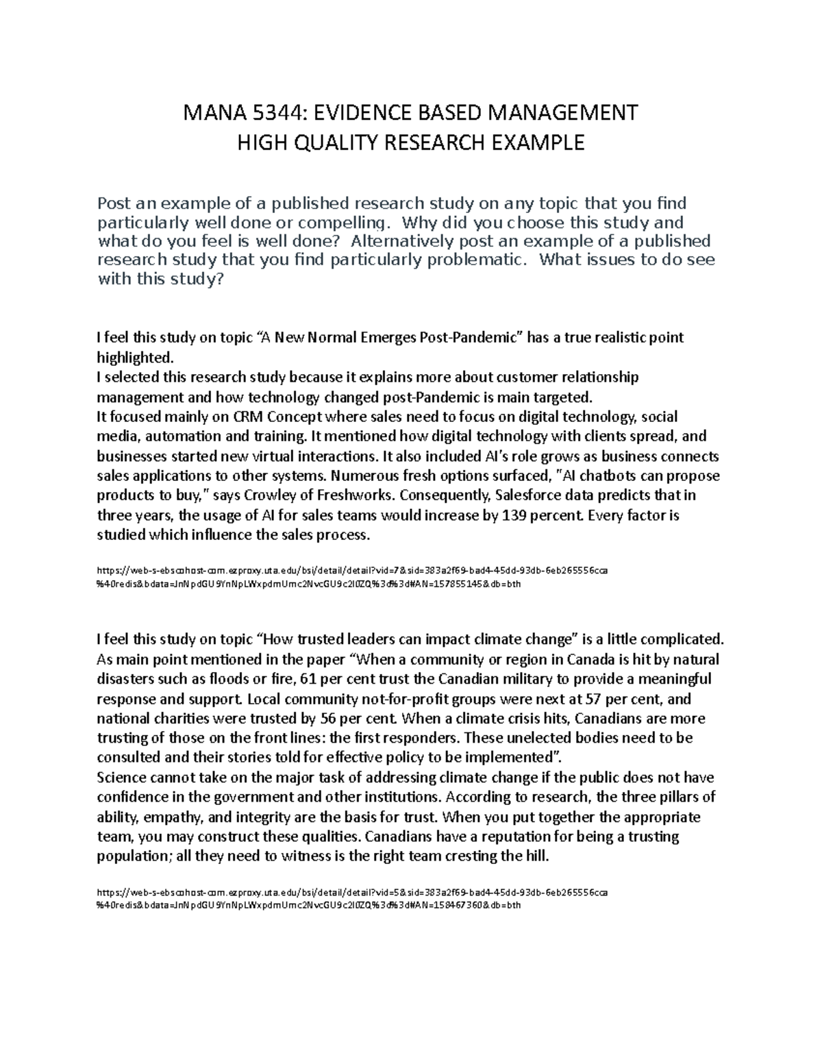 High qaulty research example - MANA 5344: EVIDENCE BASED MANAGEMENT ...