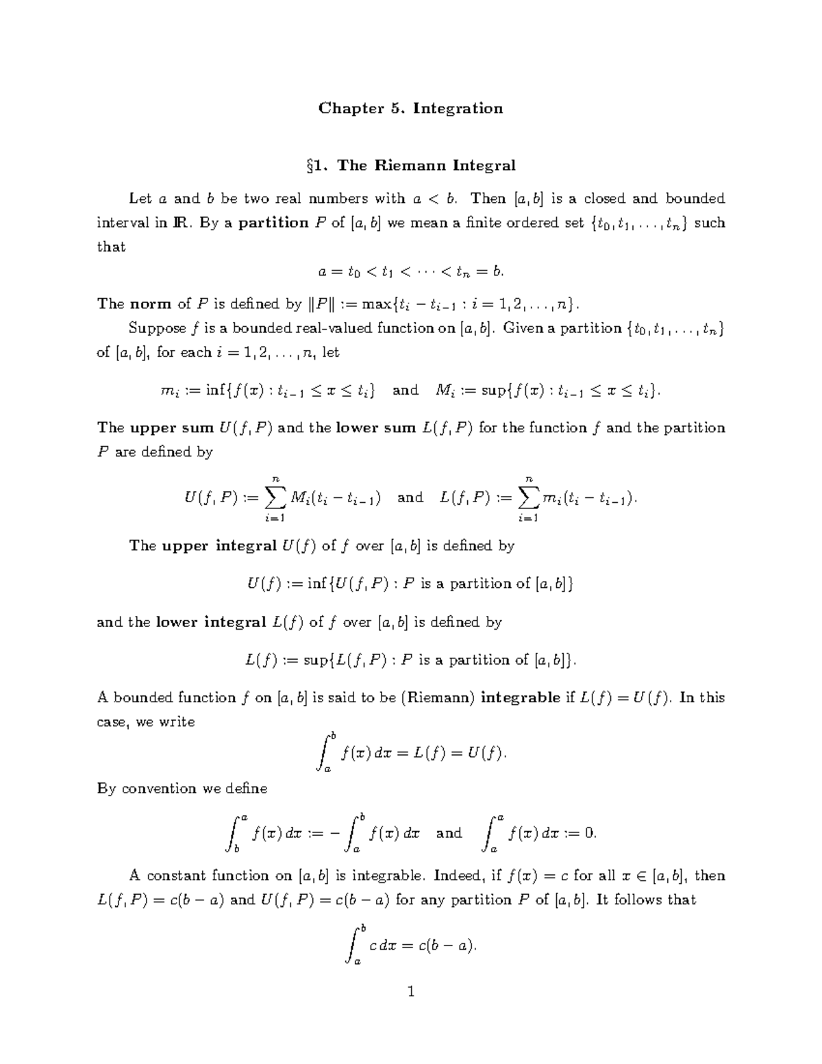 Basic integration - Chapter 5. Integration §1. The Riemann Integral Let ...