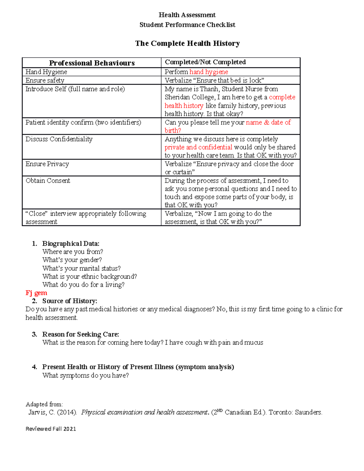 Complete Health History - Student Performance Checklist The Complete ...
