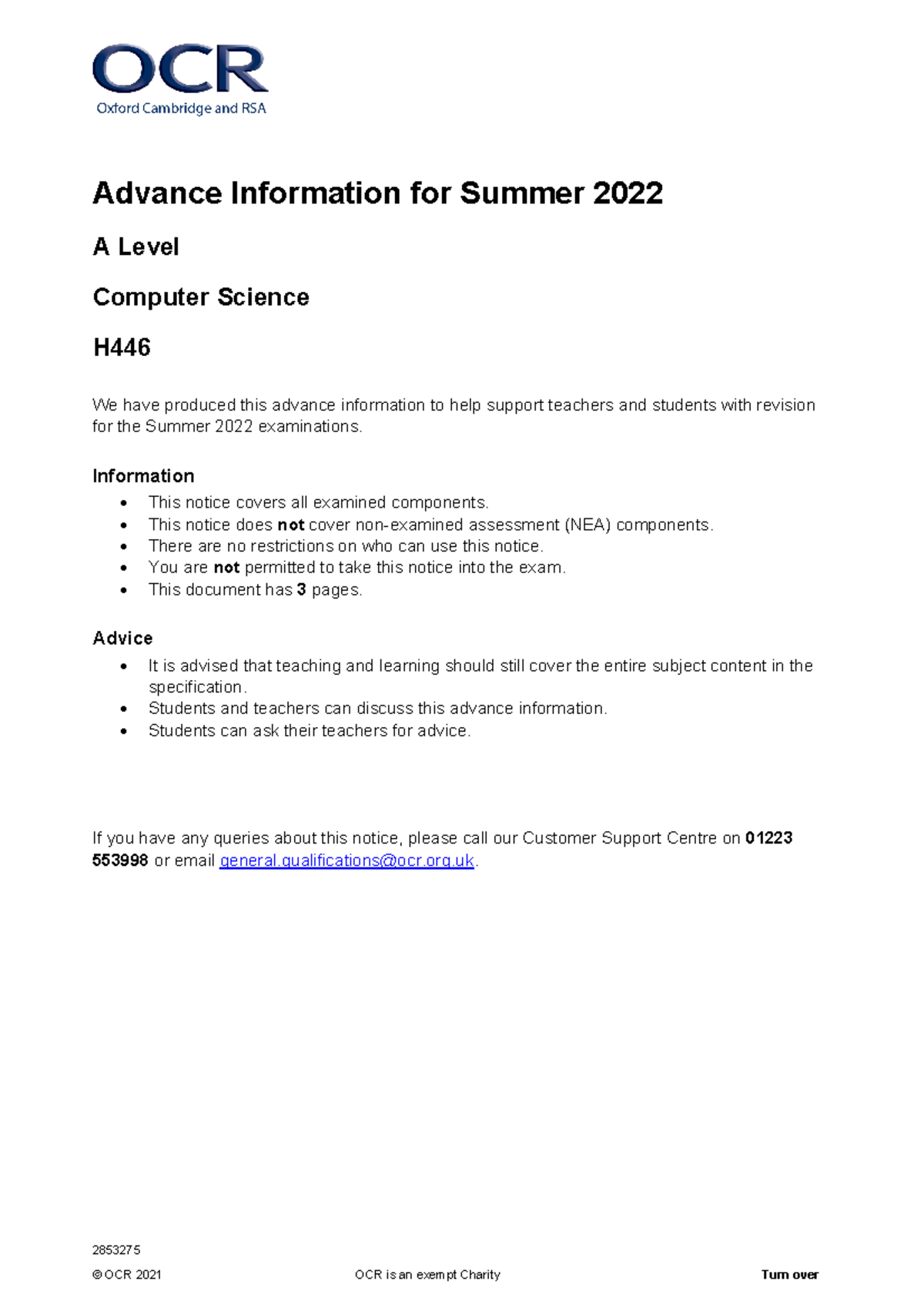 H446 A Level Computer Science Advance Information Jun2022 - 2853275 ...