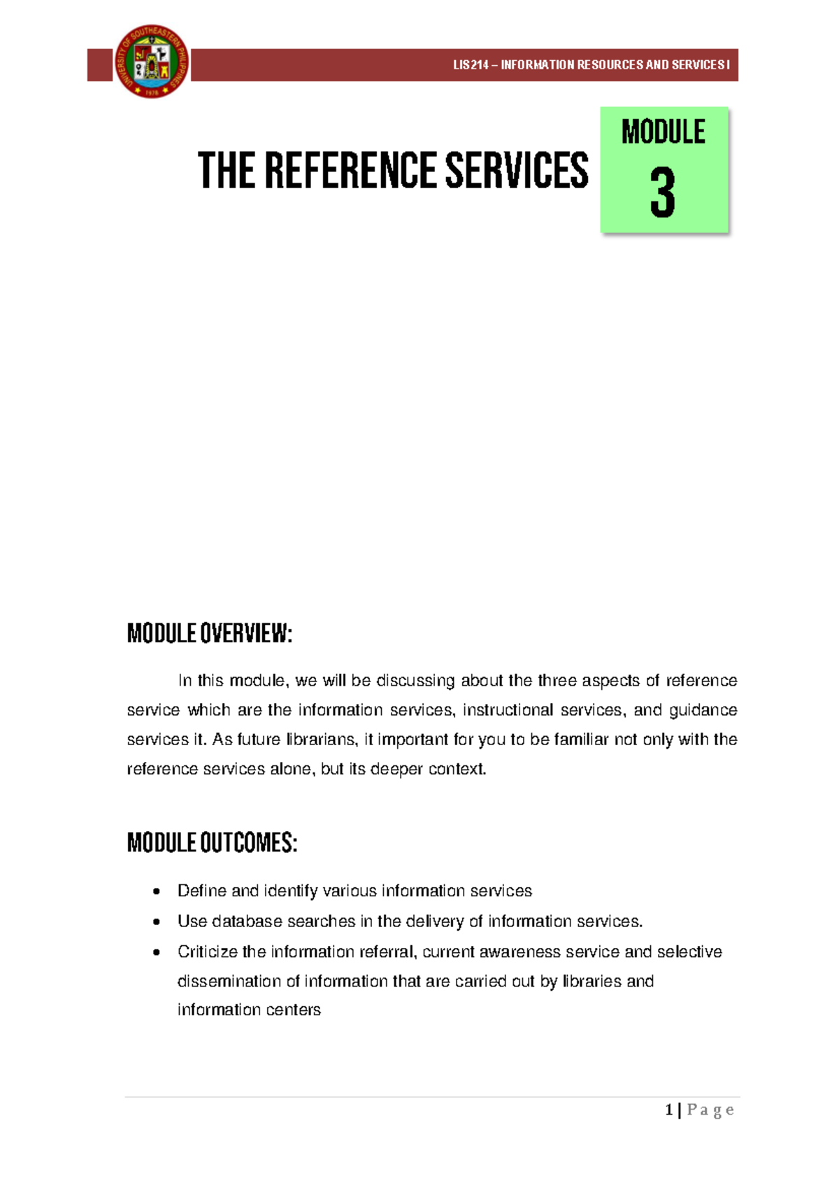 Module 3 Lesson 1 - reference service. - In this module, we will be ...