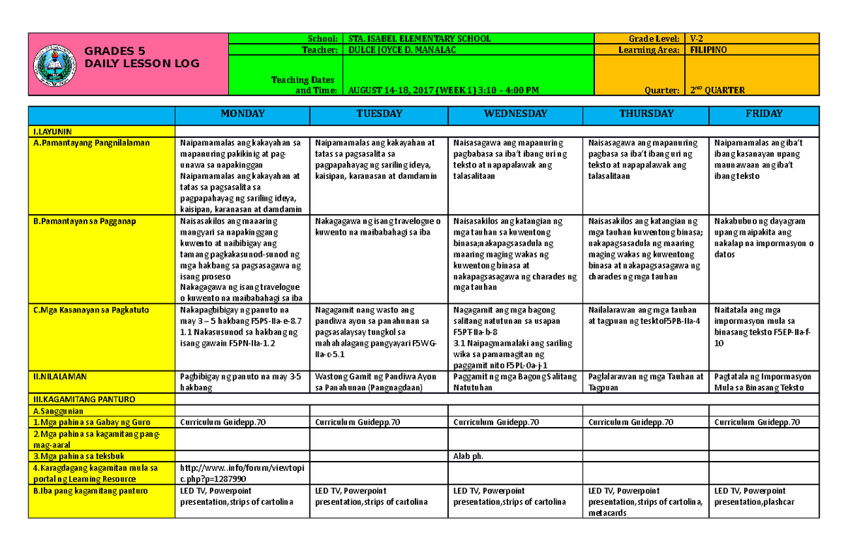 DLL Filipino 5 Q2 W1 - daily lesson log - GRADES 5 DAILY LESSON LOG ...