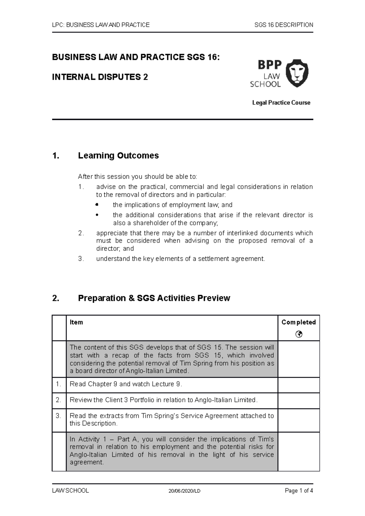 SGS 16 Description revision for exam - LPC: BUSINESS LAW AND PRACTICE ...