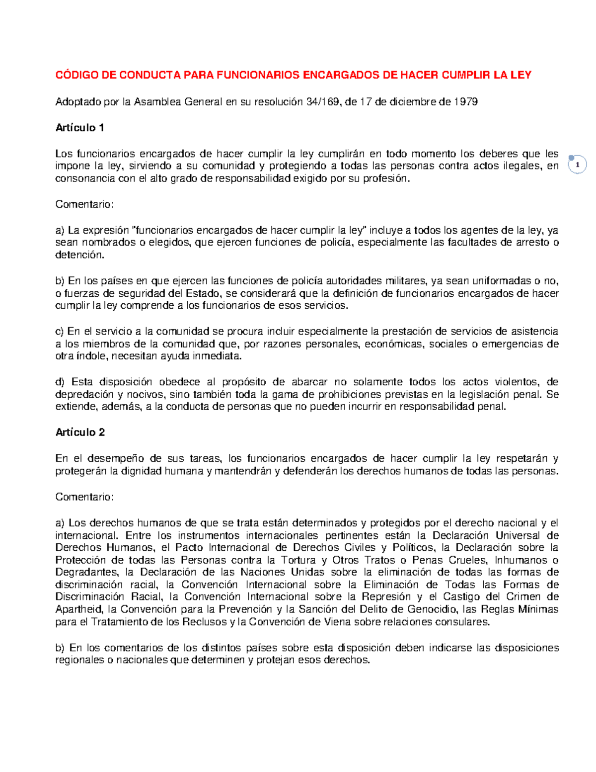 Código DE Conducta PARA Funcionarios Encargados DE Hacer Cumplir LA LEY - 1 CÓDIGO DE CONDUCTA ...