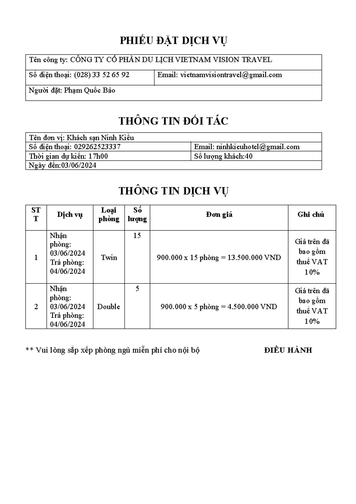 Phiếu dịch vụ khách sạn - PHIẾU ĐẶT DỊCH VỤ Tên công ty: CÔNG TY CỔ ...