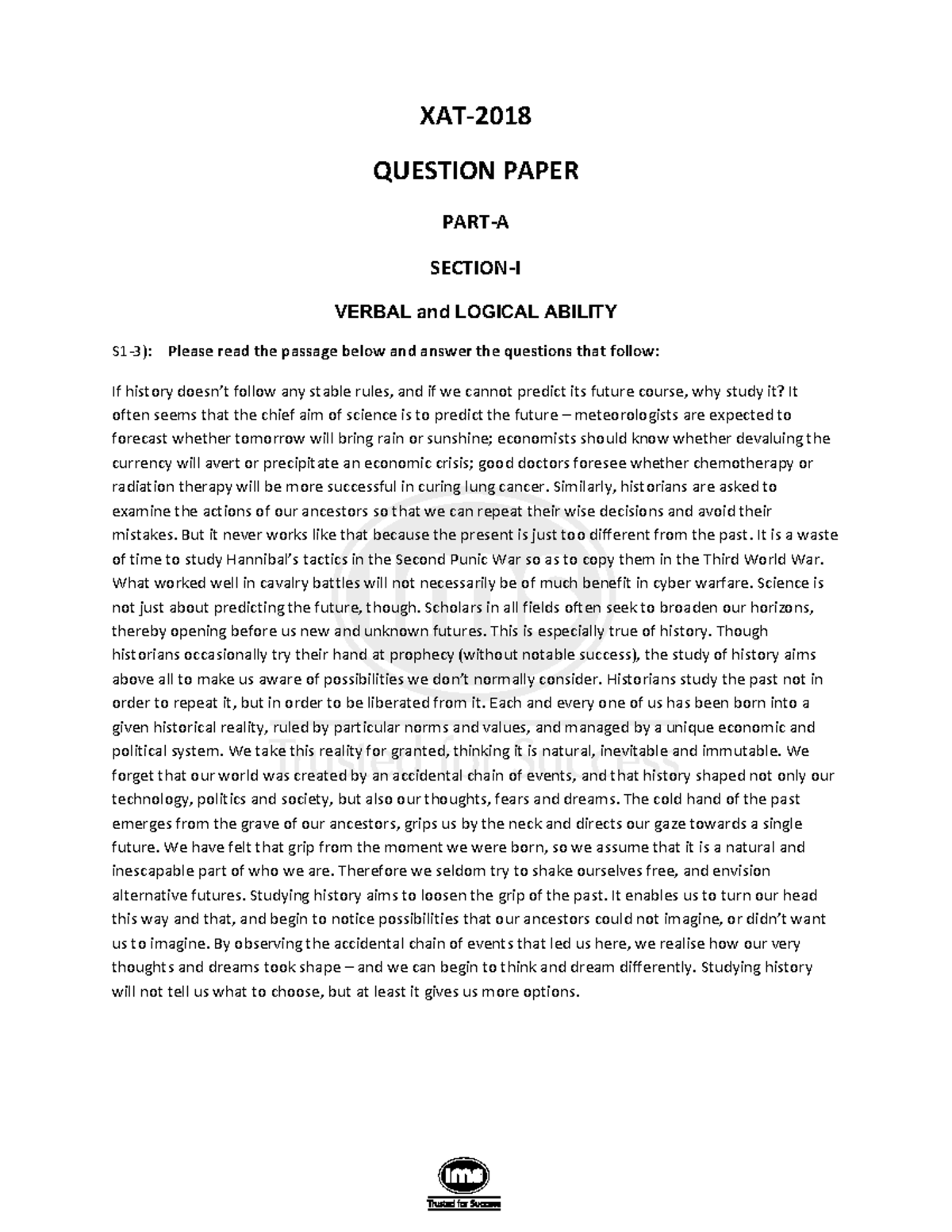 XAT-2018 Que - XAT- QUESTION PAPER PART-A SECTION-I VERBAL and LOGICAL ...