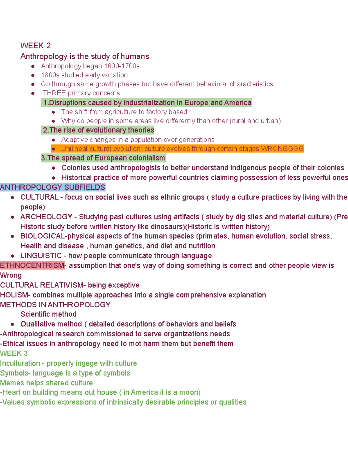 Anthropology notes - WEEK 2 Anthropology is the study of humans ...