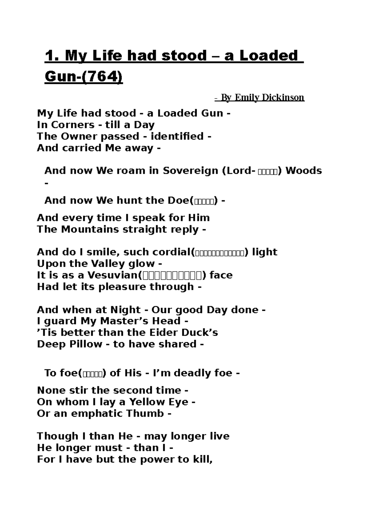 Poetry Section - 1. My Life had stood – a Loaded Gun-(764) By Emily ...