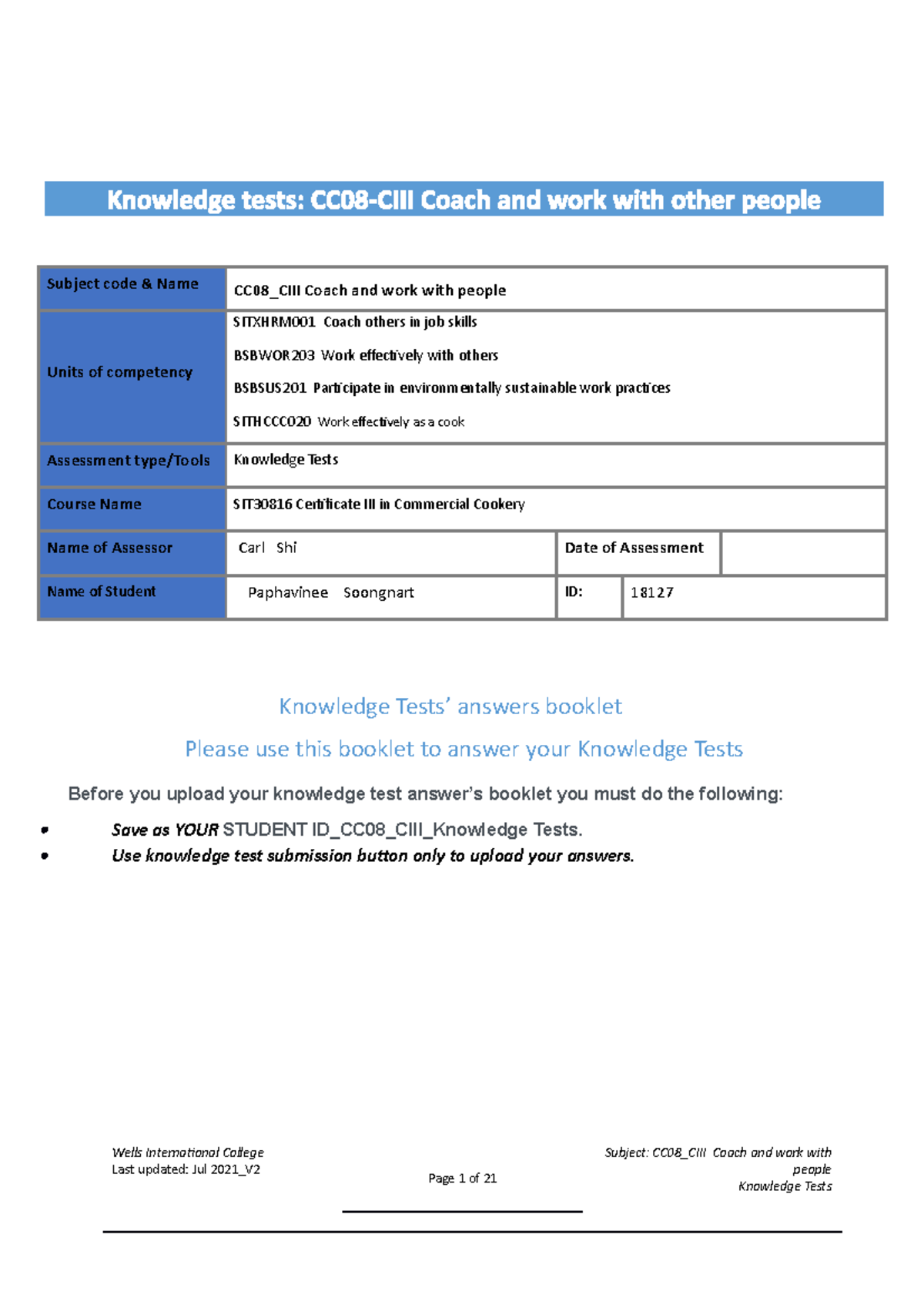 CC08 CIII Knowledge test final - Knowledge tests: CC08-CIII Coach and ...