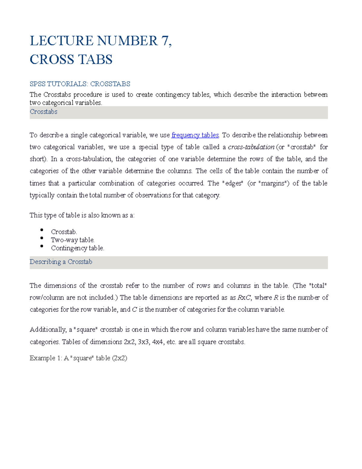 Copy of L 7,Cross tabs - Cross tabs - LECTURE NUMBER 7, CROSS TABS SPSS TUTORIALS: CROSSTABS The ...