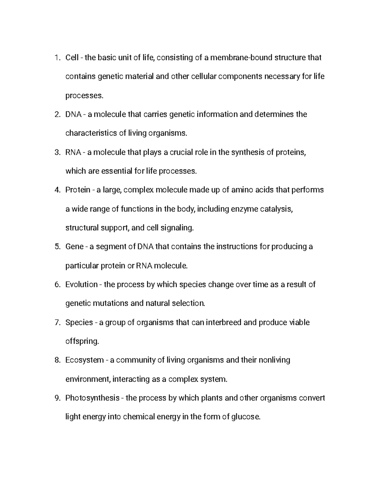 Intro to biology BIO 151 KEY Terms Summary PT - Cell - the basic unit ...