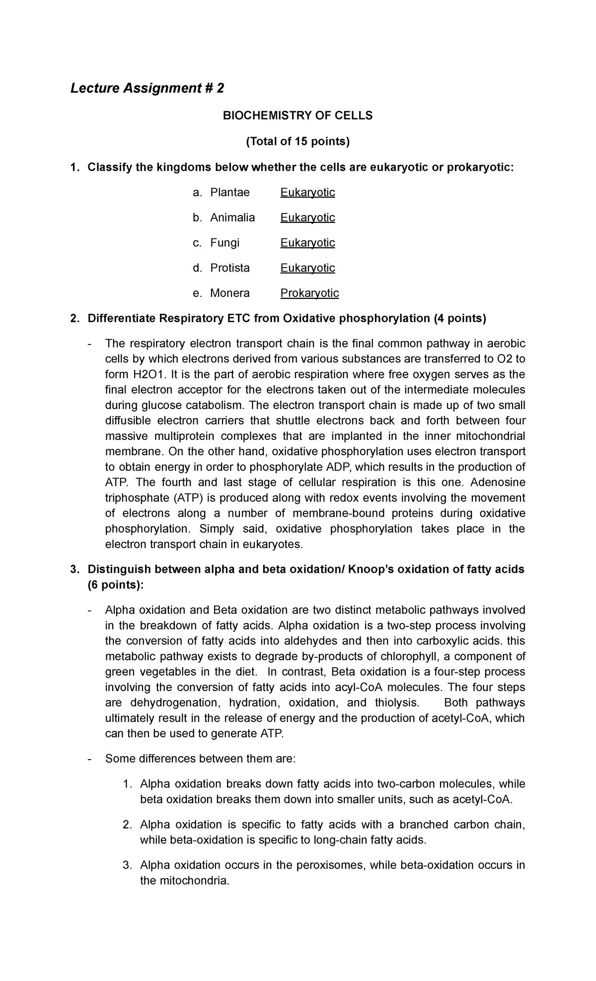 Biochem Lecture Activity Assignment 2 Lecture Assignment 2 Biochemistry Of Cells Total