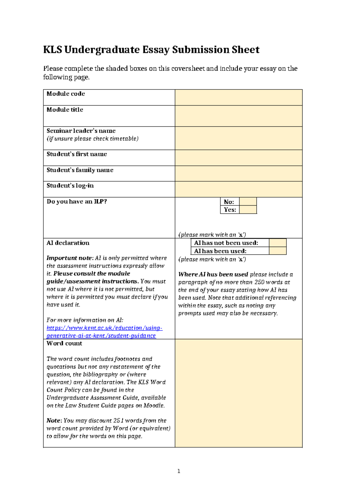 Lecture content - KLS Undergraduate Essay Submission Sheet Please ...