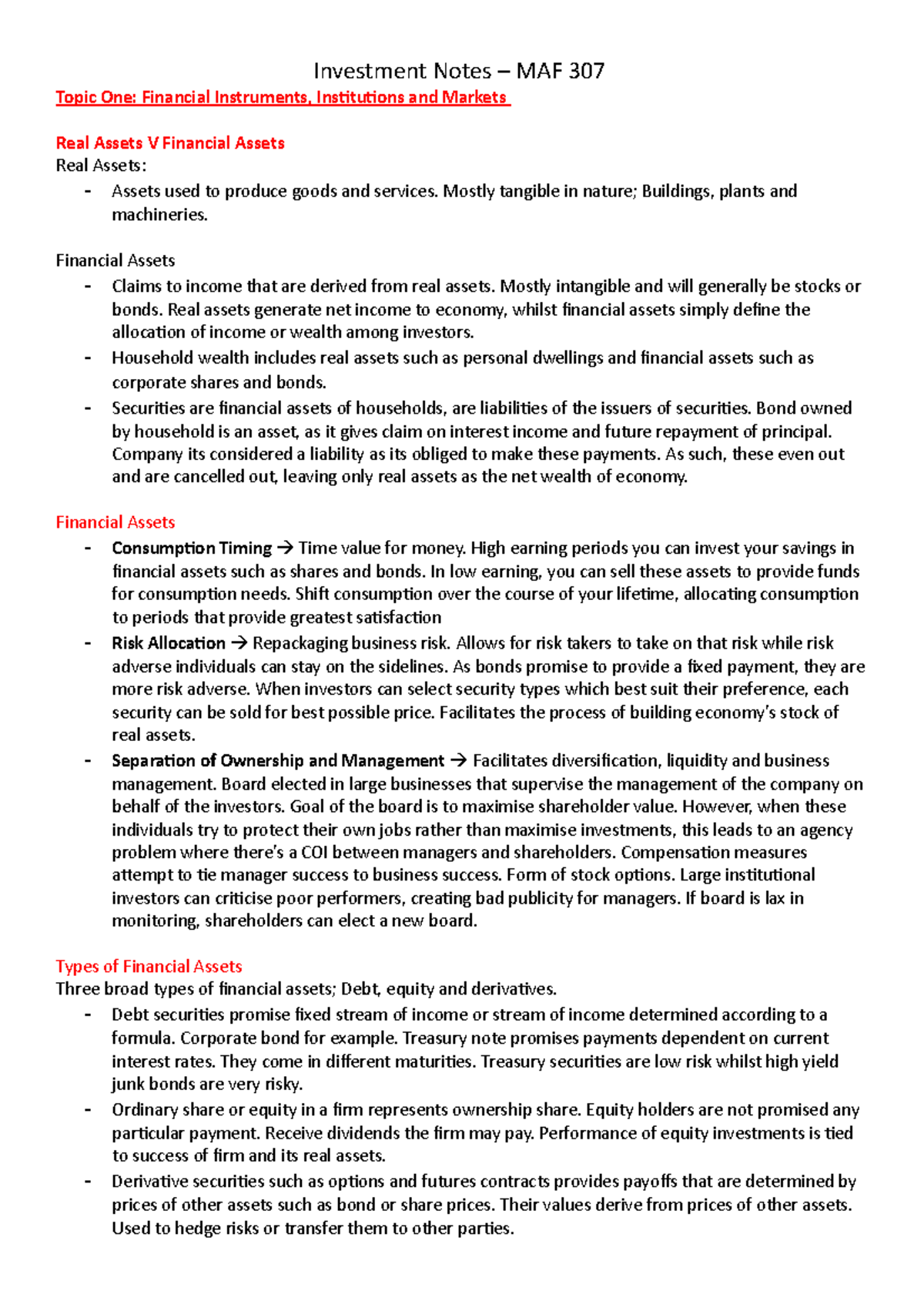 Investment-Notes-MAF307 - Topic One: Financial Instruments ...