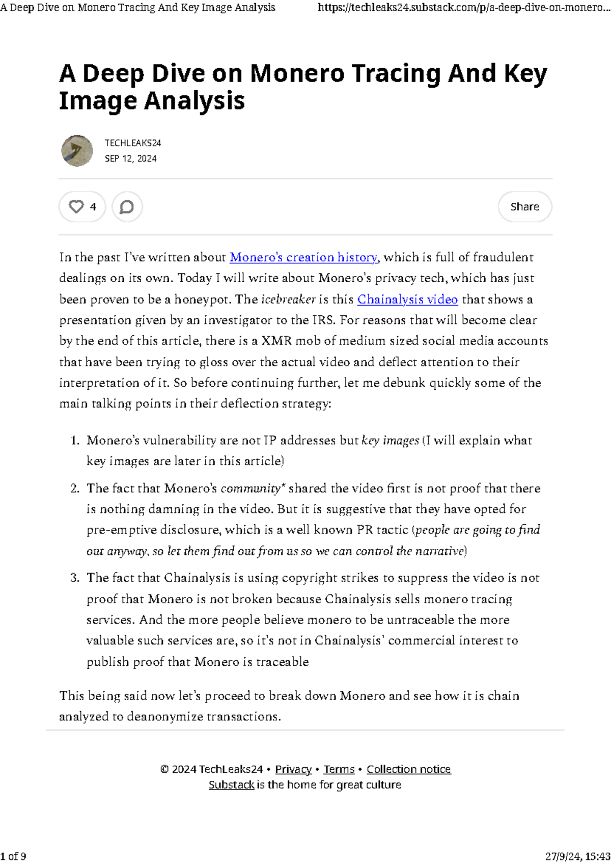 A Deep Dive on Monero Tracing And Key Image Analysis - Today I will write about Monero’s privacy ...