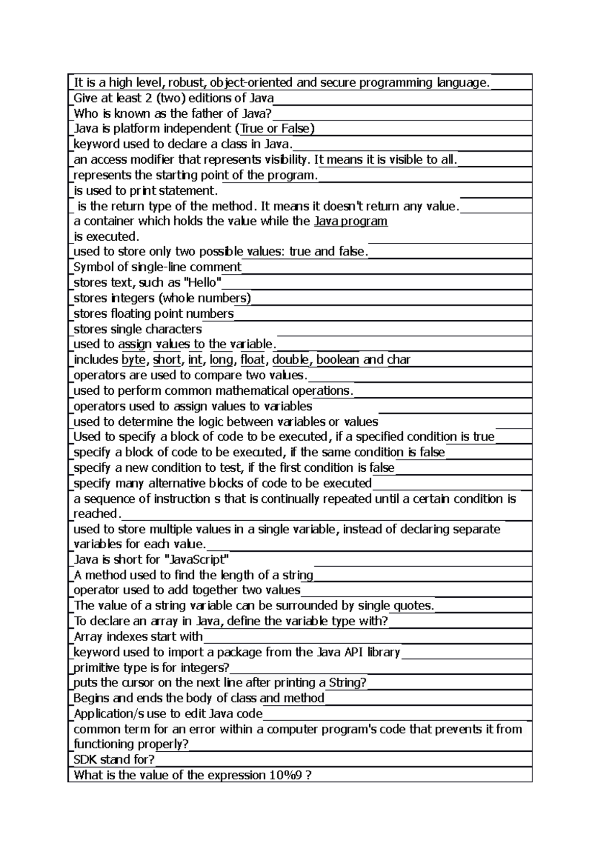 Questionaire Java - 2022 - It is a high level, robust, object-oriented and secure programming ...