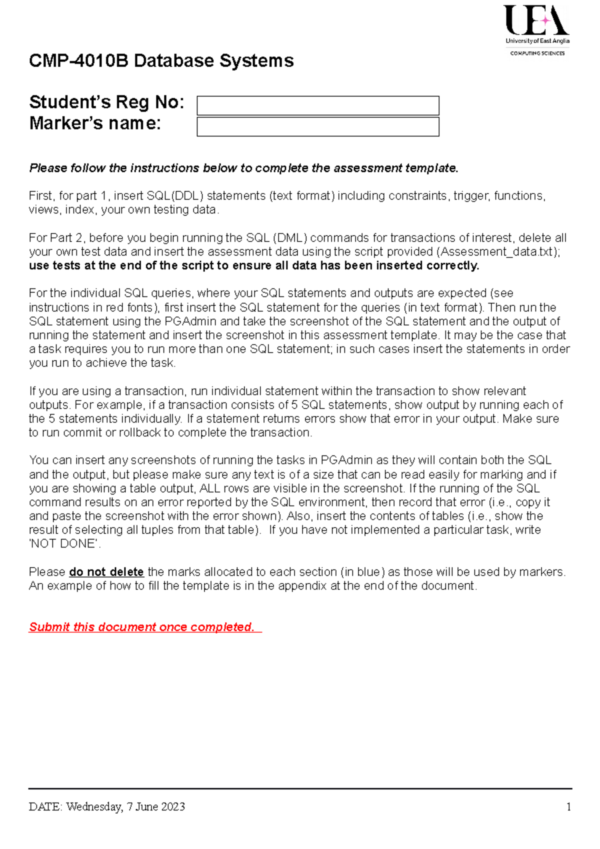 Assessment Template Your Student ID - CMP-4010B Database Systems ...