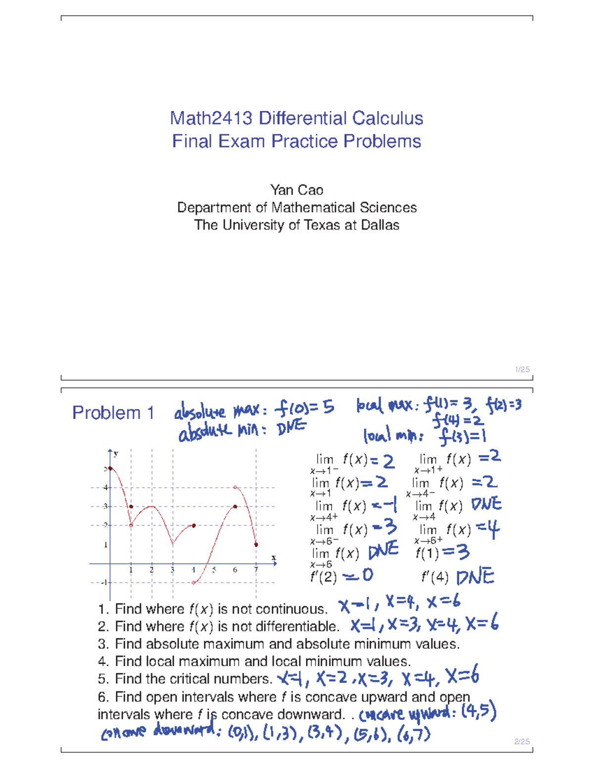 Review Problems Final Exam Class Notes All h2 - 1/ Math2413 ...