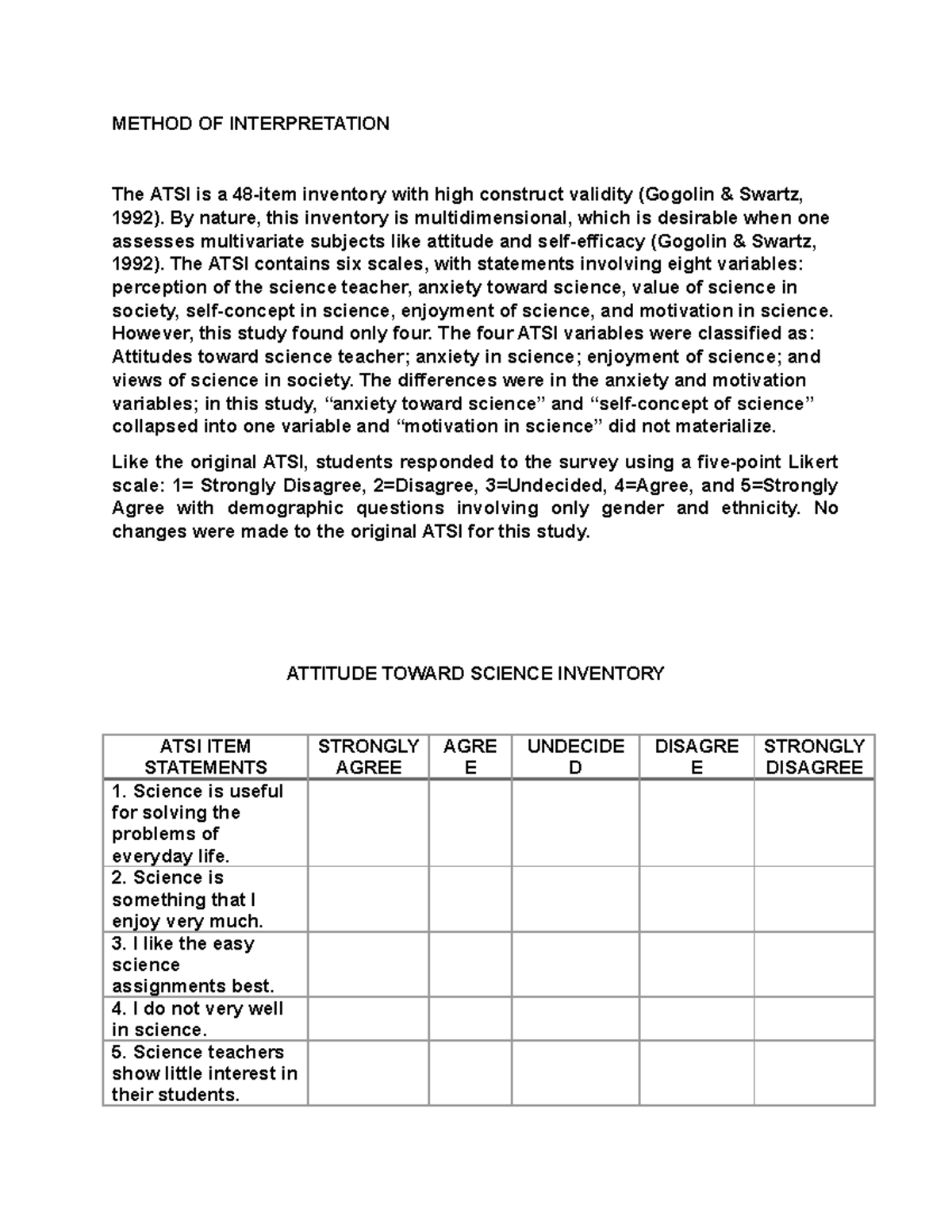 Attitude Toward Science Inventory - METHOD OF INTERPRETATION The ATSI ...