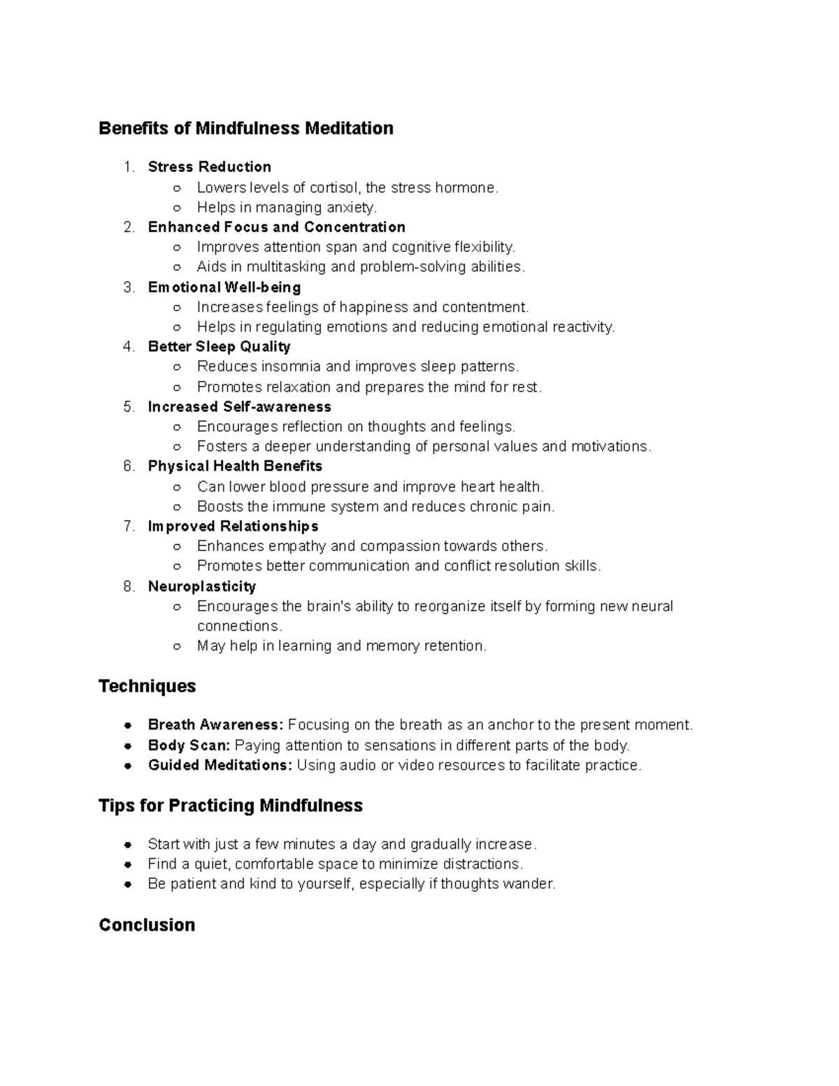 Benefits of Mindfulness Meditation - Google Docs - Benefits of ...