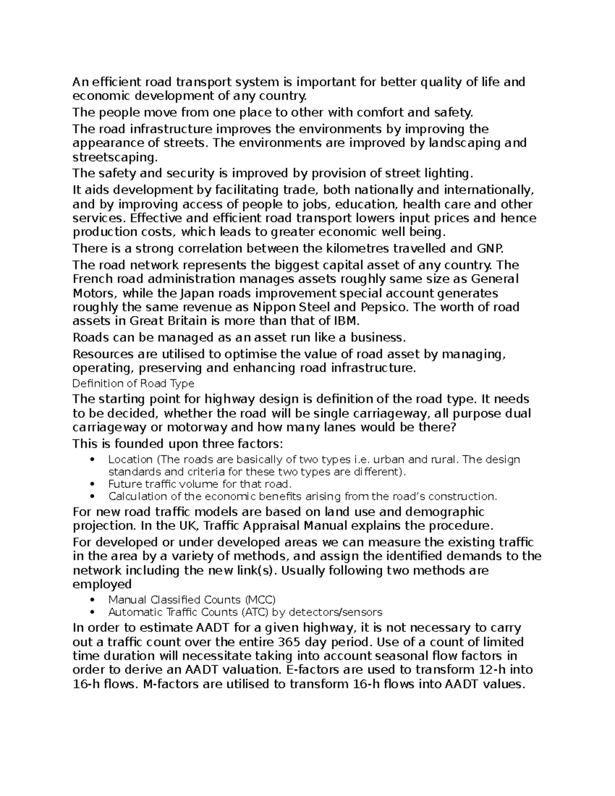 Highway Notes - An efficient road transport system is important for ...