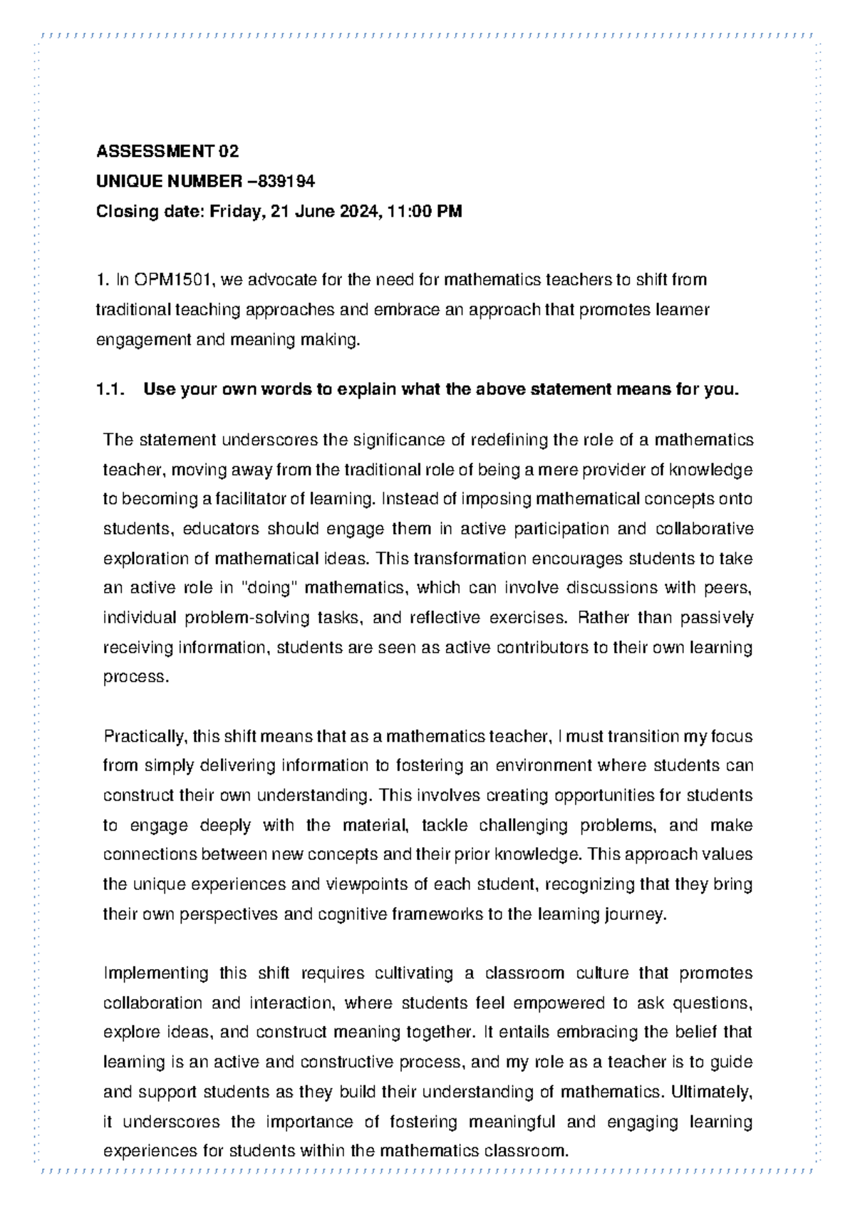 OPM1501 Assignment 2 Due 21 April 2024 - ASSESSMENT 02 UNIQUE NUMBER – 839194 Closing date ...