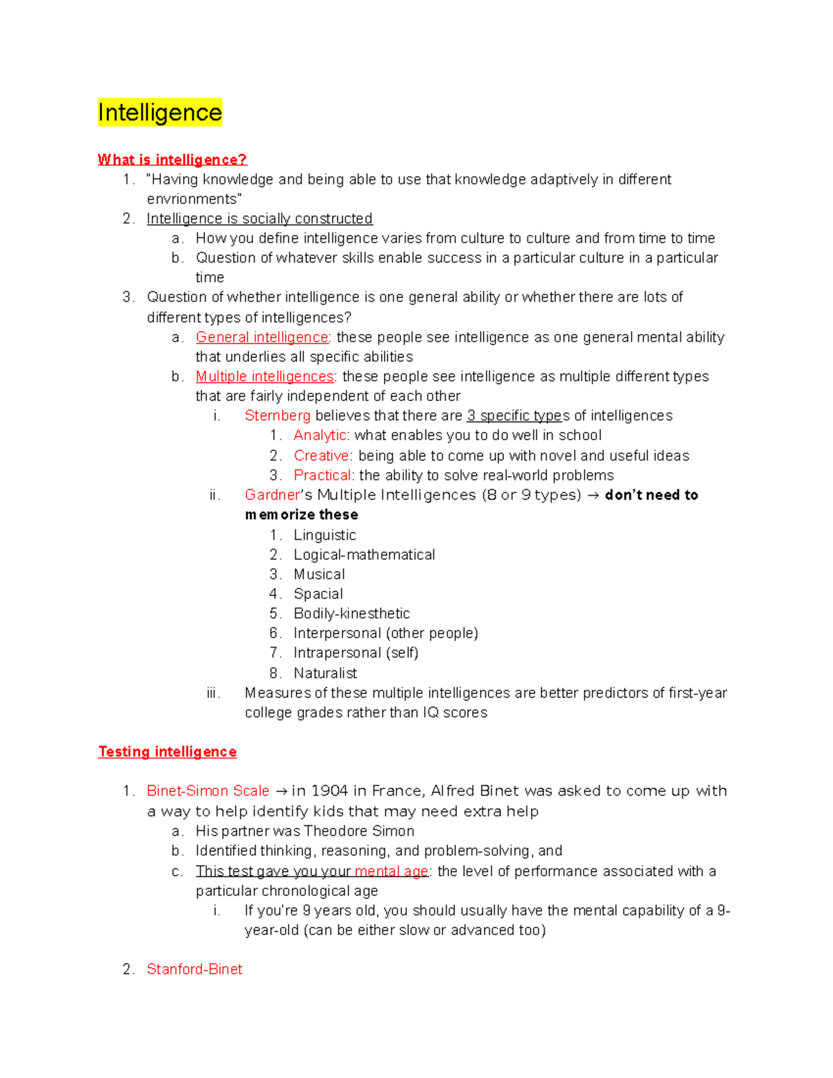 Ch 10 Class Notes - Intelligence What is intelligence? 1. “Having ...