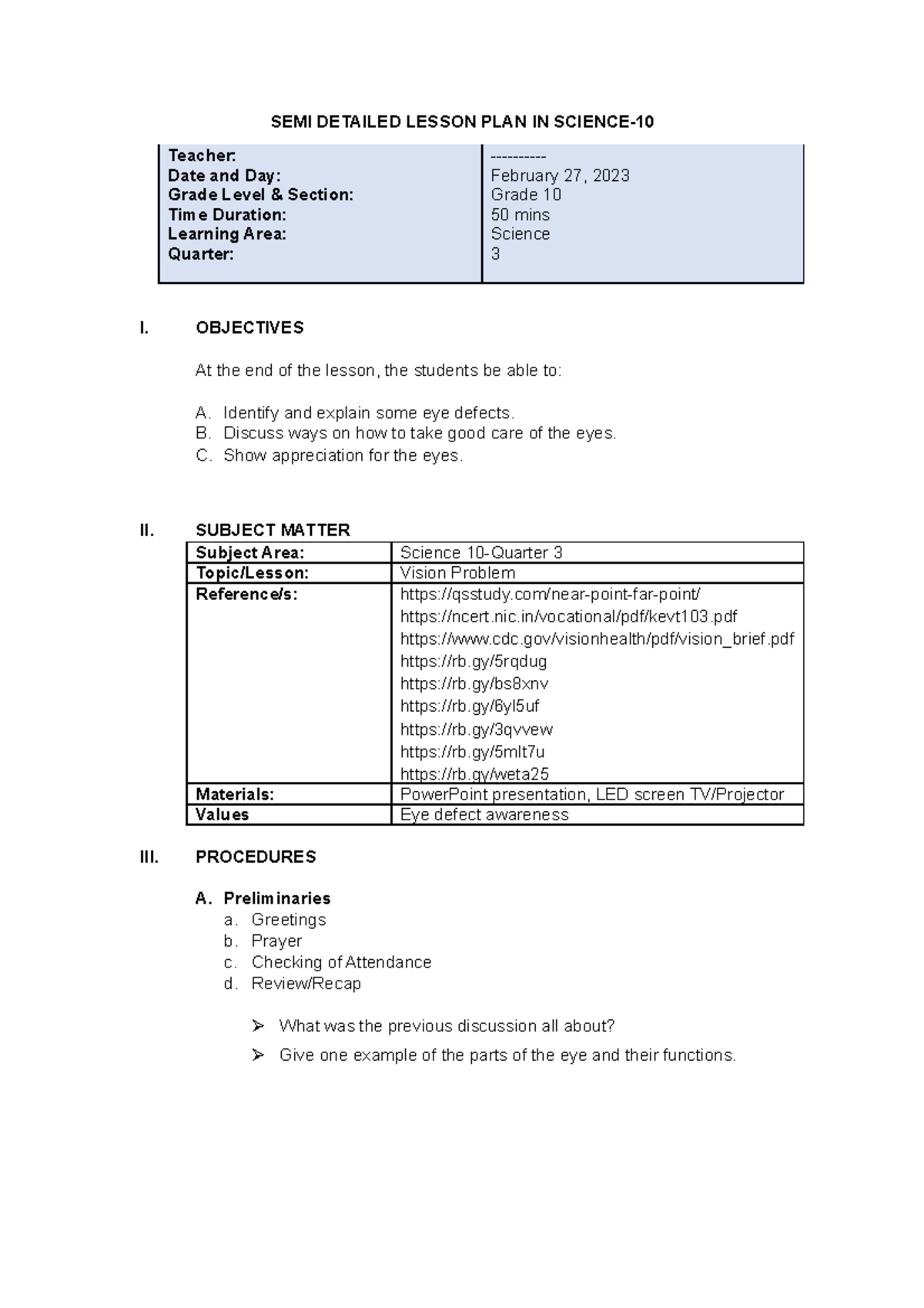 Semi-Detailed Lesson PLAN - SEMI DETAILED LESSON PLAN IN SCIENCE ...