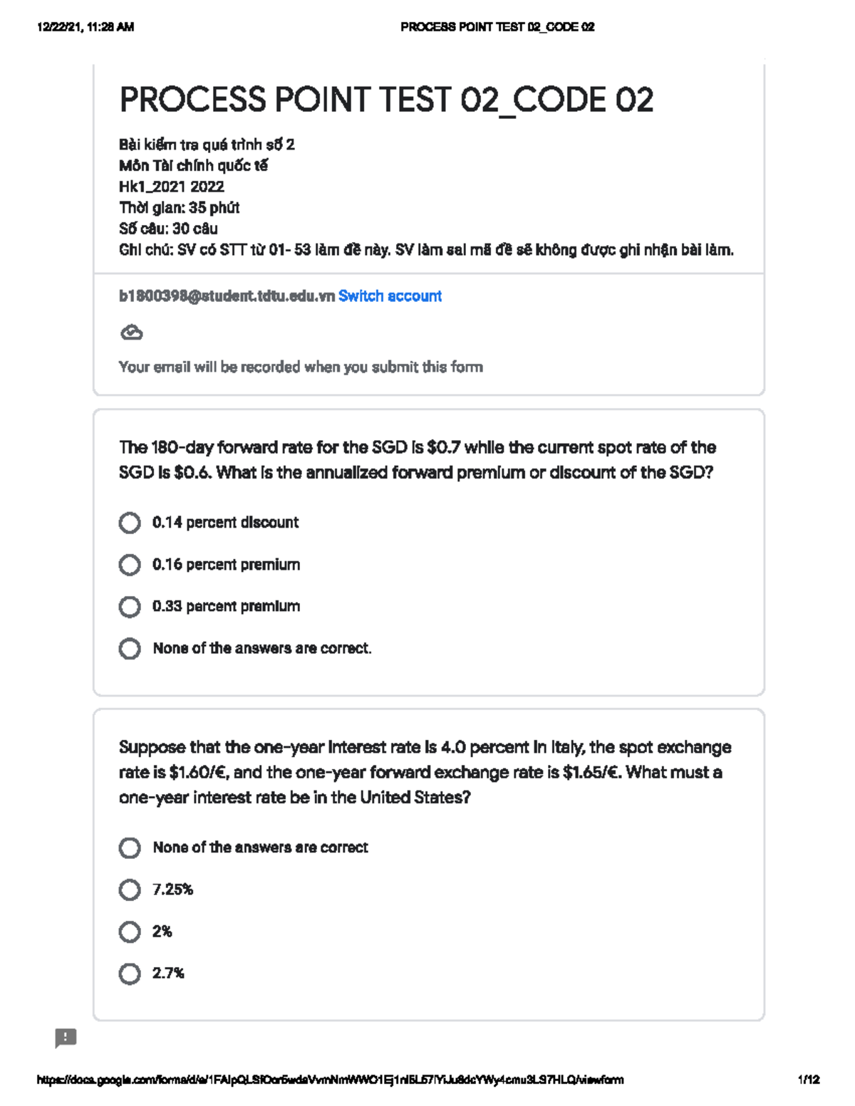 KIỂM TRA 20% TÀI CHÍNH QUỐC TẾ CODE 1 CODE 2 - Quản trị tài chính - Ton ...
