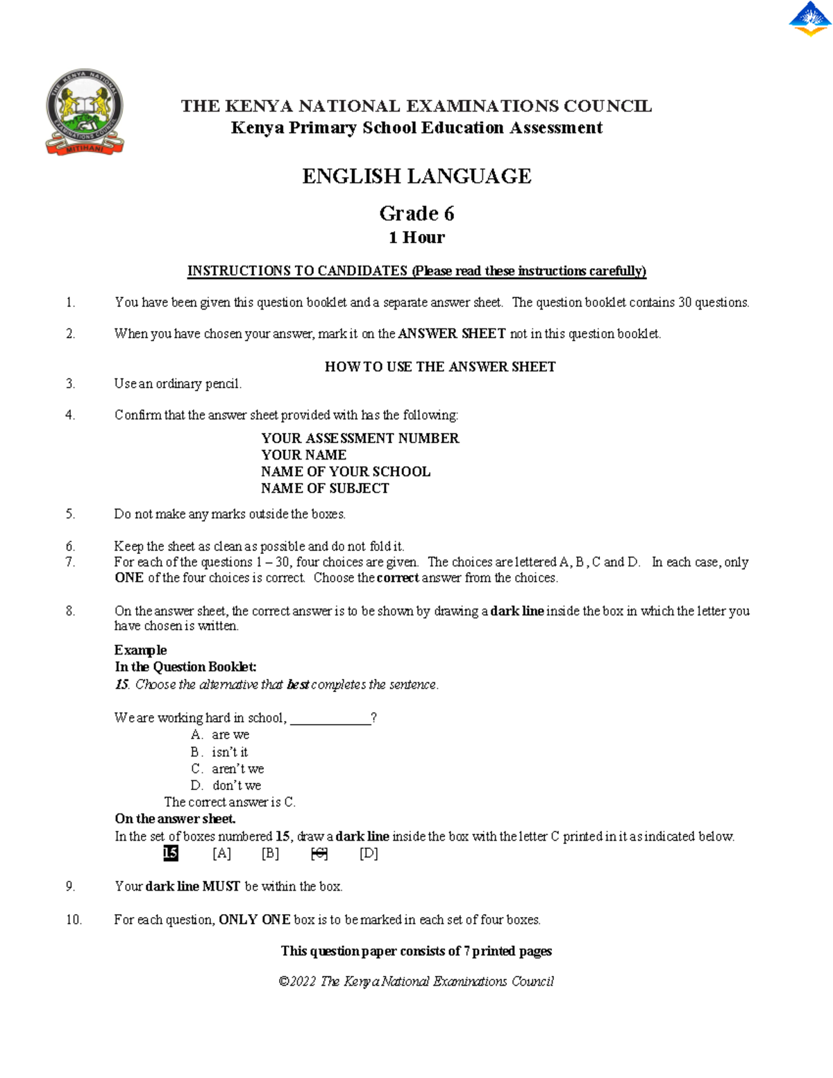 English Grade 6 Sample - notes - THE KENYA NATIONAL EXAMINATIONS ...