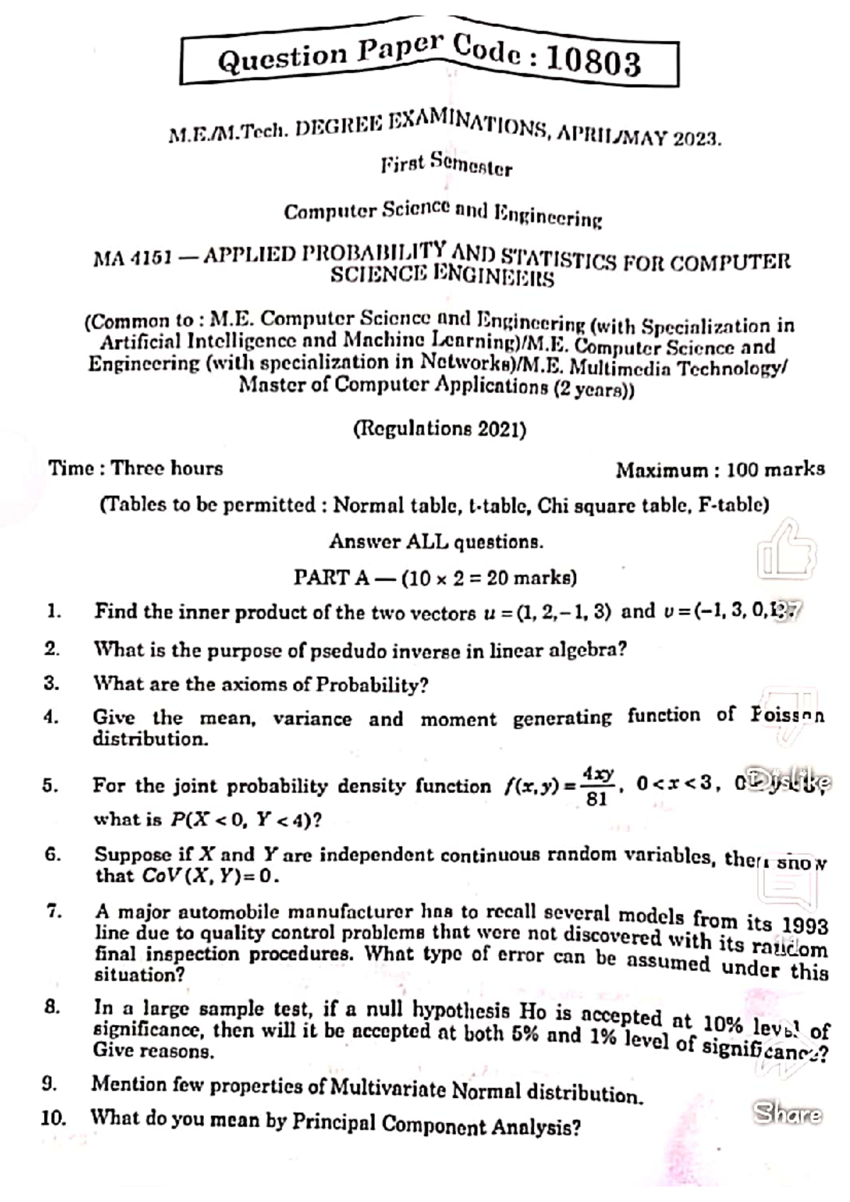 APS MA415 - ME 1SEM - Question Paper Code : 10803 DEGREE EXAMINATIONS ...