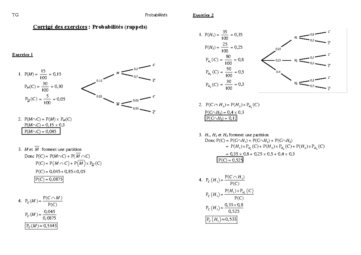 Corrige Ex 1 2 et 3 - TG Probabilités Corrigé des exercices ...