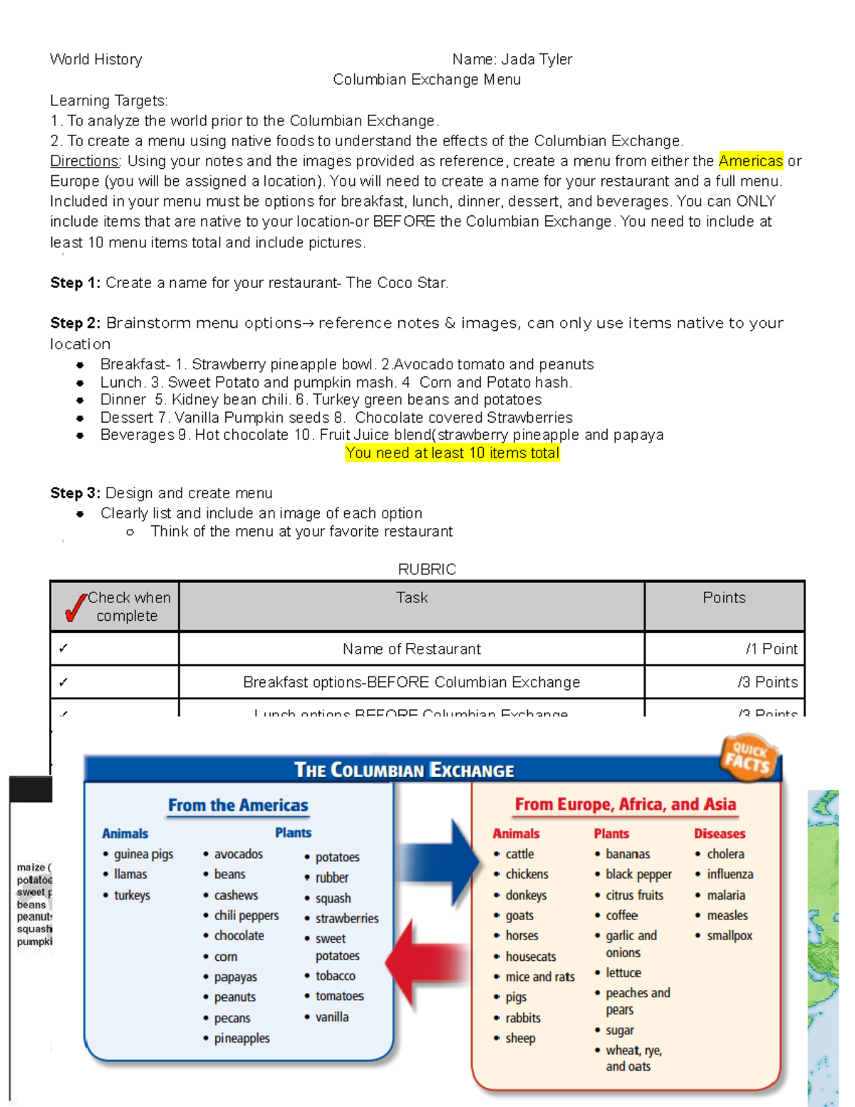 Columbian Exchange-Menu Project - World History Name: Jada Tyler ...