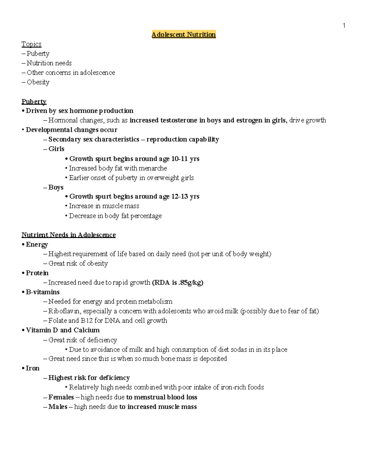 NTR-108 Test Review Week 12 - Adolescent Nutrition Topics Puberty ...