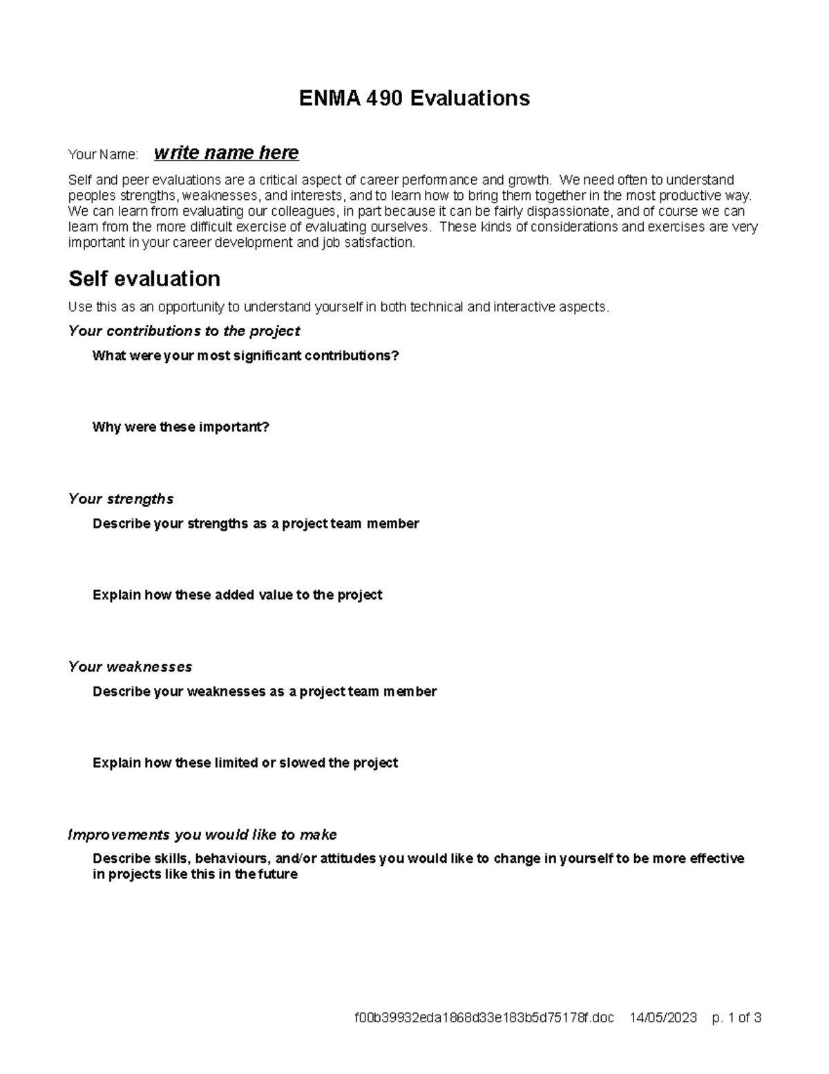 ENMA490-Evaluations - For course - ENMA 490 Evaluations Your Name ...