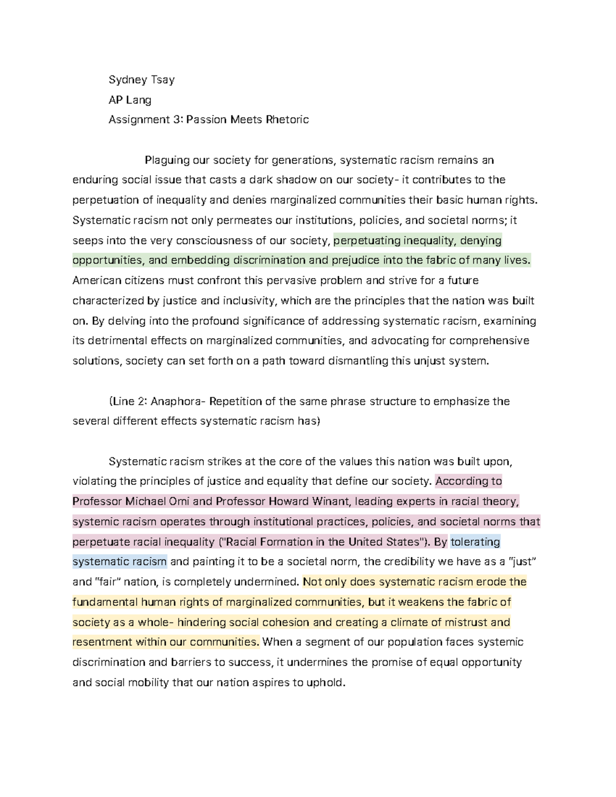 AP Lang Assignment 3: Argument Essay on Systematic Racism - Sydney Tsay ...
