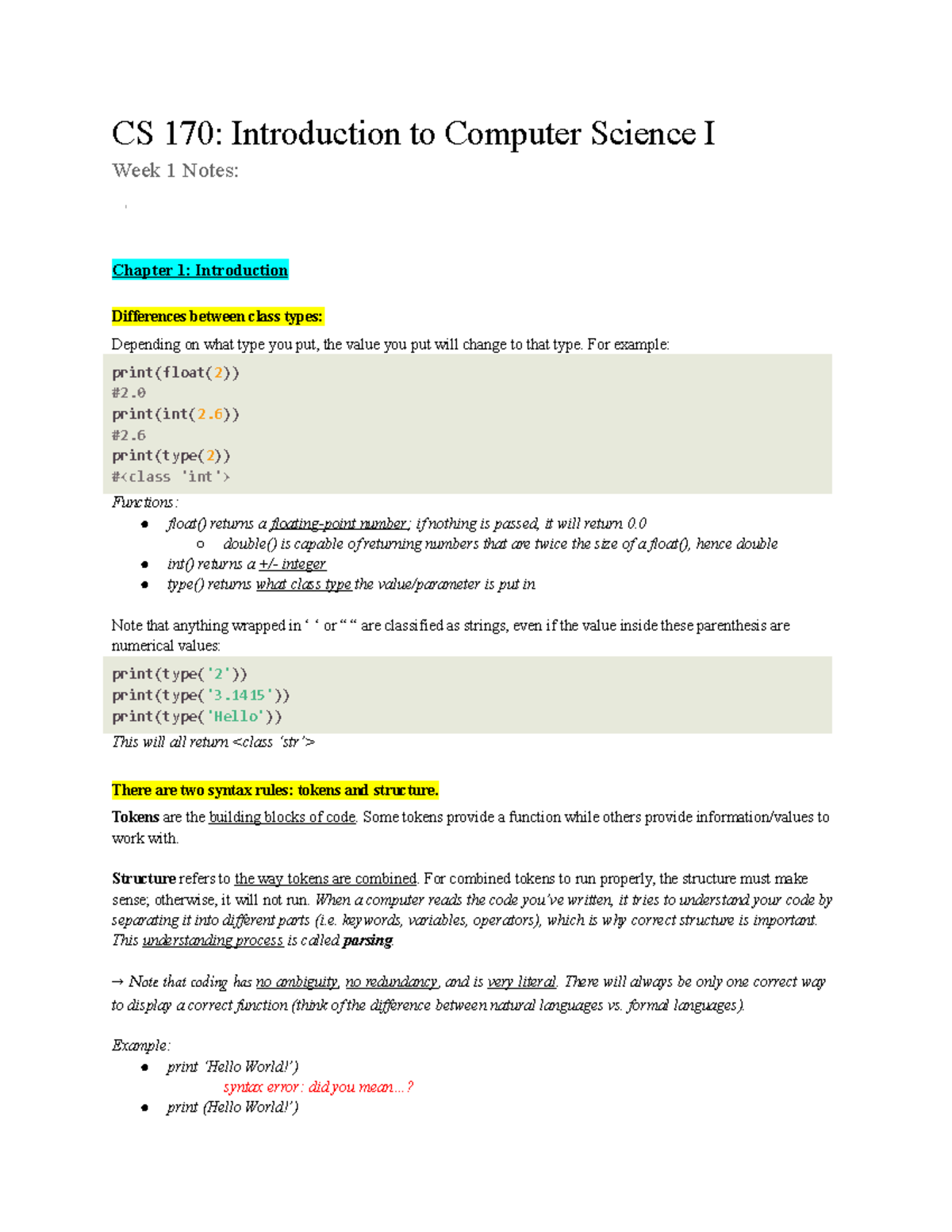 Cs 170 Week 1 Notes Introduction Of Class Types Also Goes Over